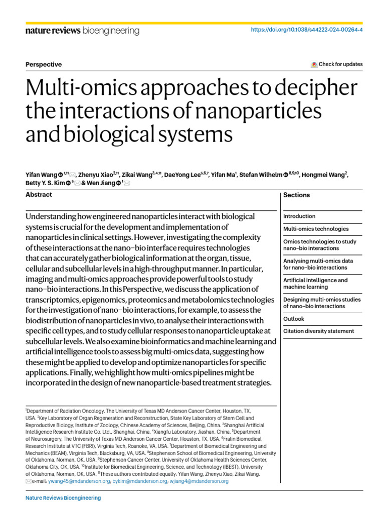 Multi-omics Approaches to Decipher the Interactions of Nanoparticles and Biological Systems (科研通 ...