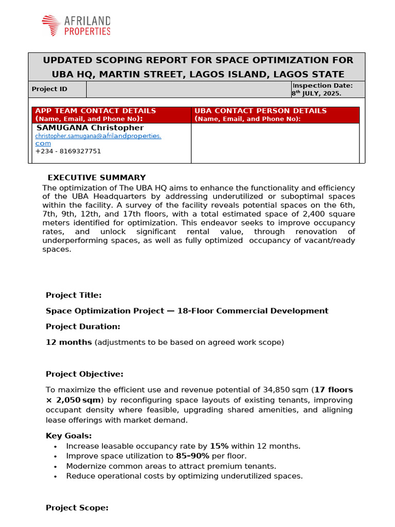 UBA HQ Space Optimization Report | PDF | Lease | Project Management