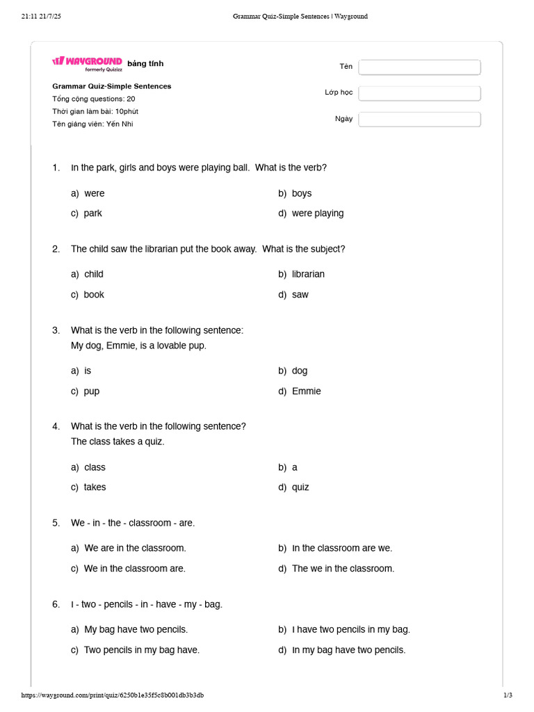 Grammar Quiz-Simple Sentences - Wayground | PDF | Chess Openings | Chess