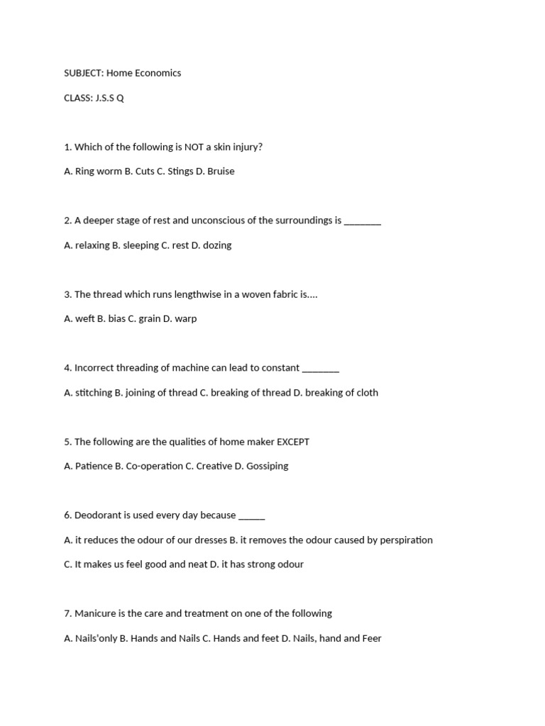 JSS1 Home Economics Exam Questions | PDF | Sexually Transmitted Infection
