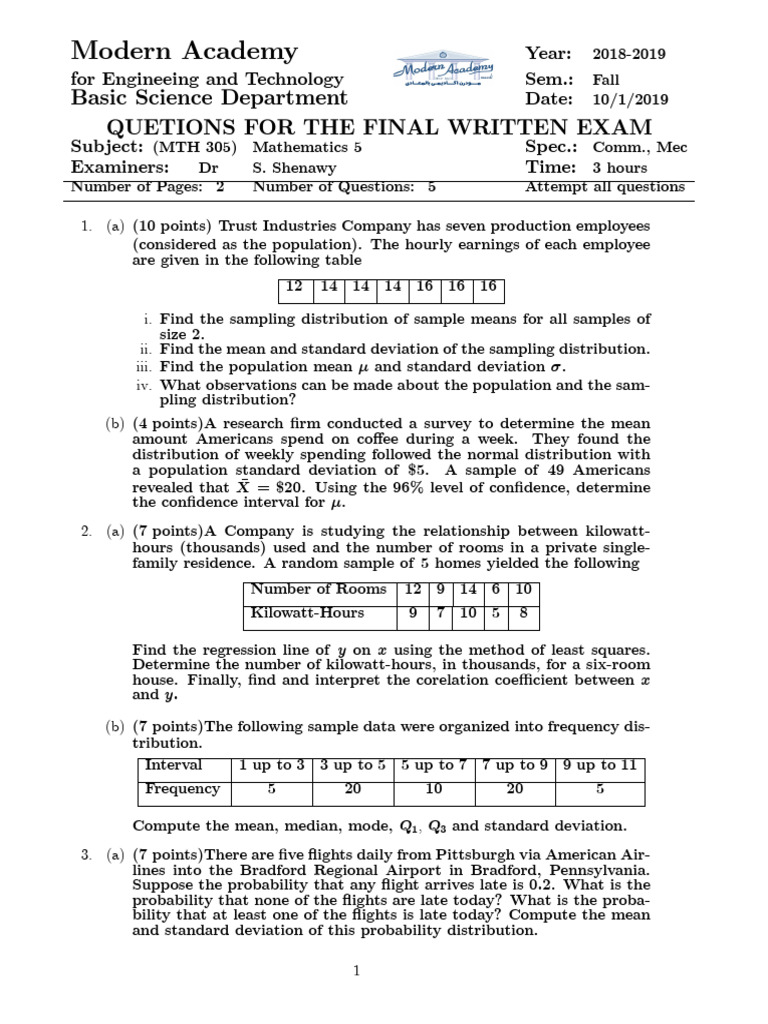 Final Exam Questions for MTH 305 | PDF | Probability Distribution ...