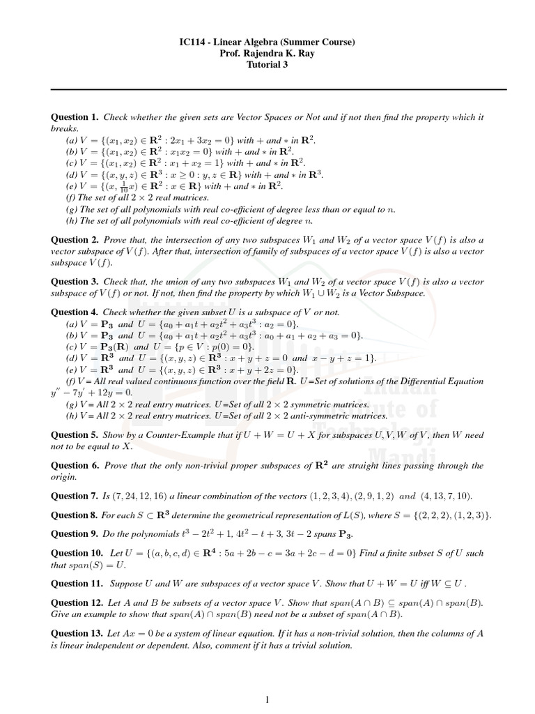 IC114 Summer Term Tutorial 3 | PDF | Linear Subspace | Vector Space