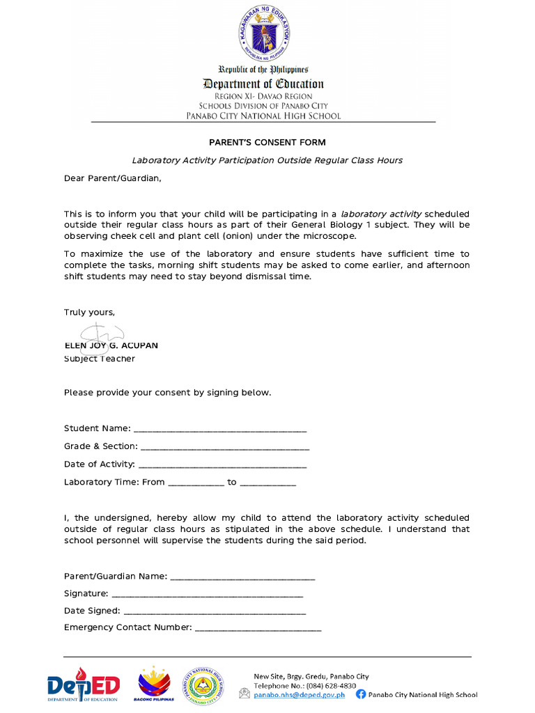 Parent Consent for Lab Activity | PDF