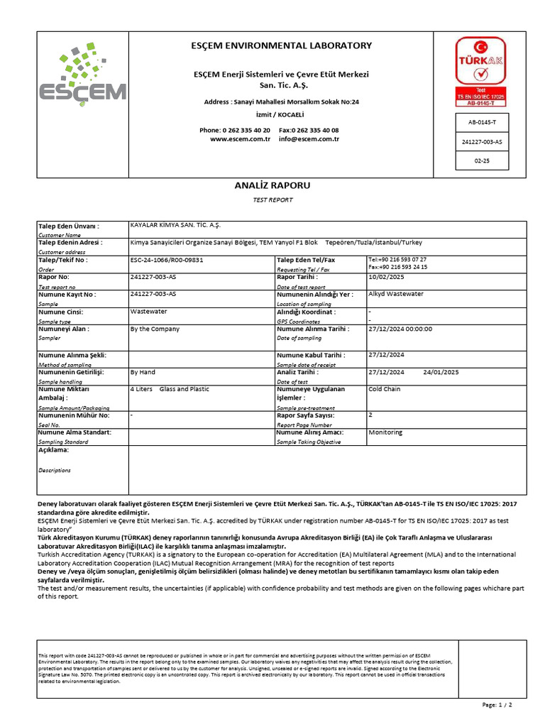 Kayalar Kimya 241227-003-As Ing | PDF