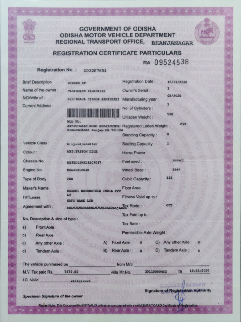 Bike Registration Certificate | PDF | Axle | Vehicle Technology