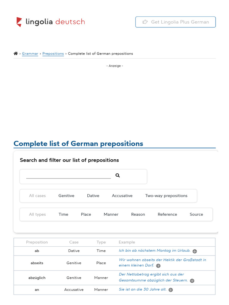 Complete List of German Prepositions | PDF