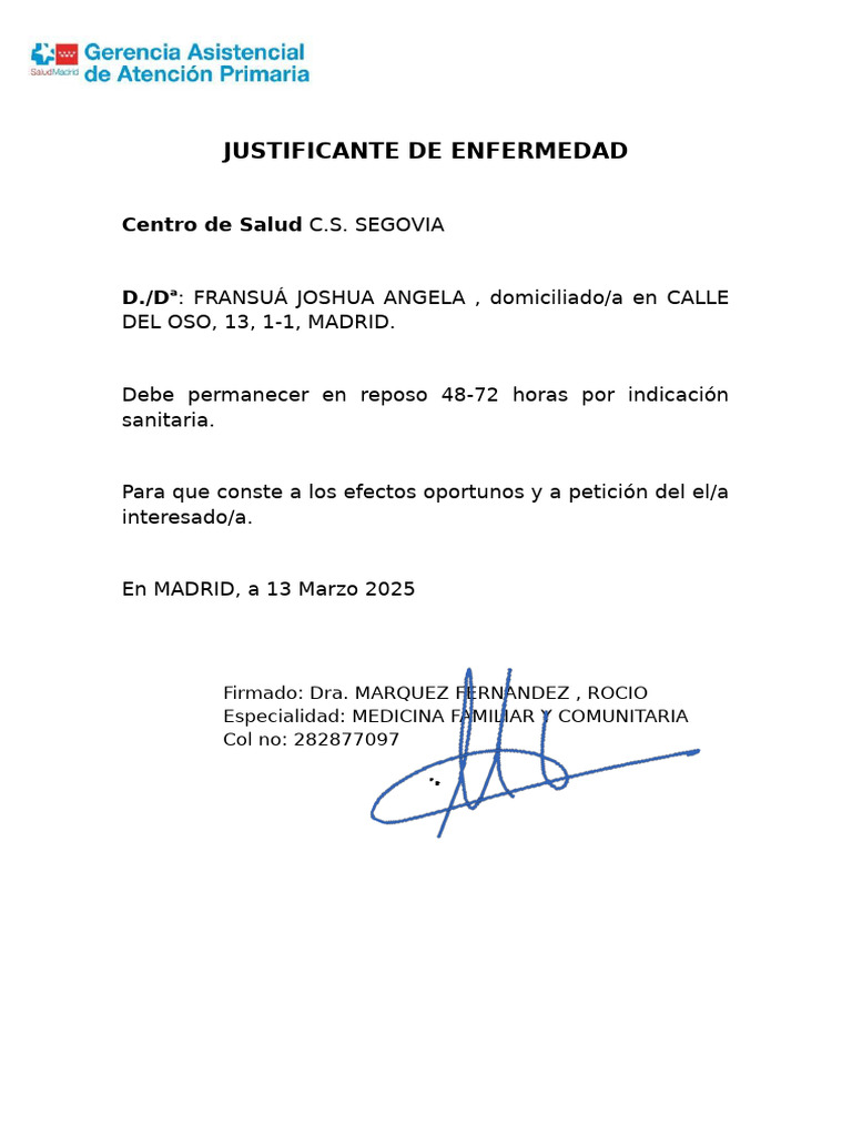 Justificante de Enfermedad para FranSuá | PDF