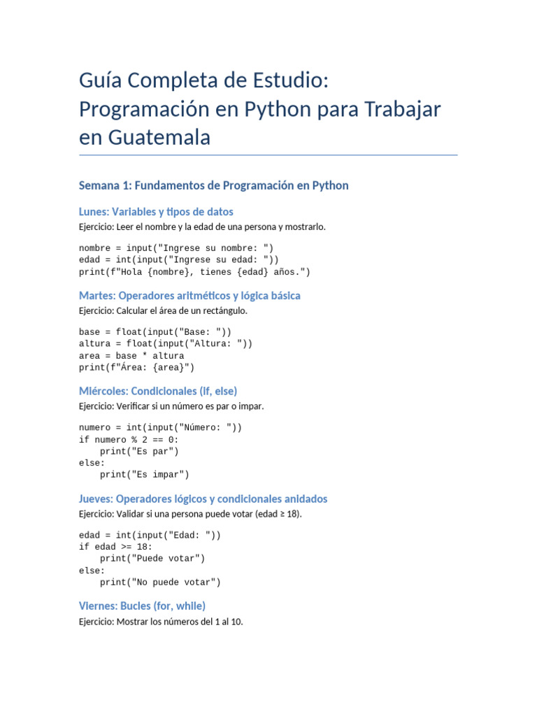 Guia Python 4 Semanas | PDF | Python (lenguaje de programación) | Ciencias de la Computación