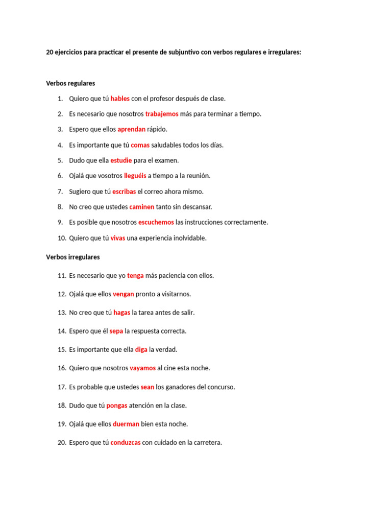 20 Ejercicios para Practicar El Presente de Subjuntivo Con Verbos ...