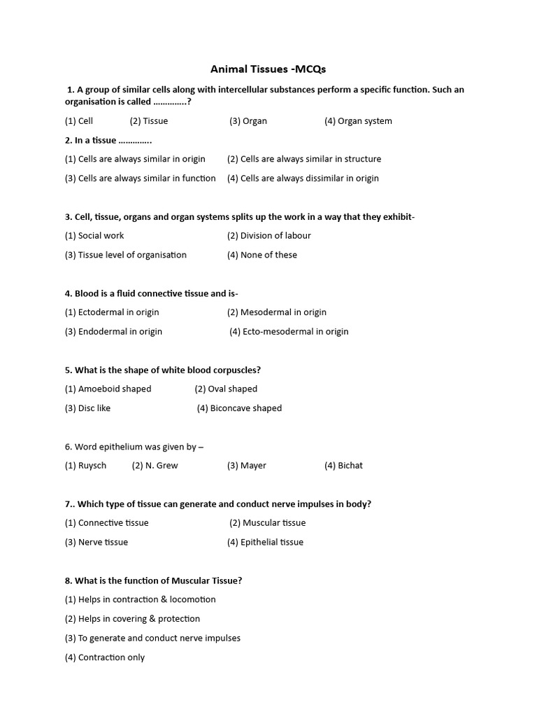 Animal Tissue Worksheet MCQs | PDF | Epithelium | Bone
