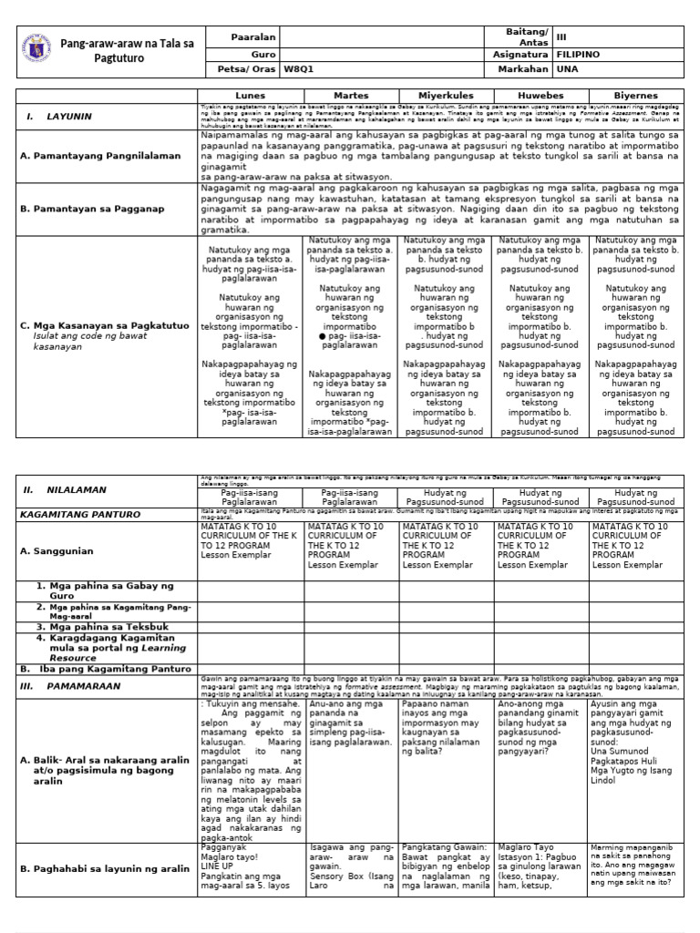 DLL Filipino 5 Old Format | PDF