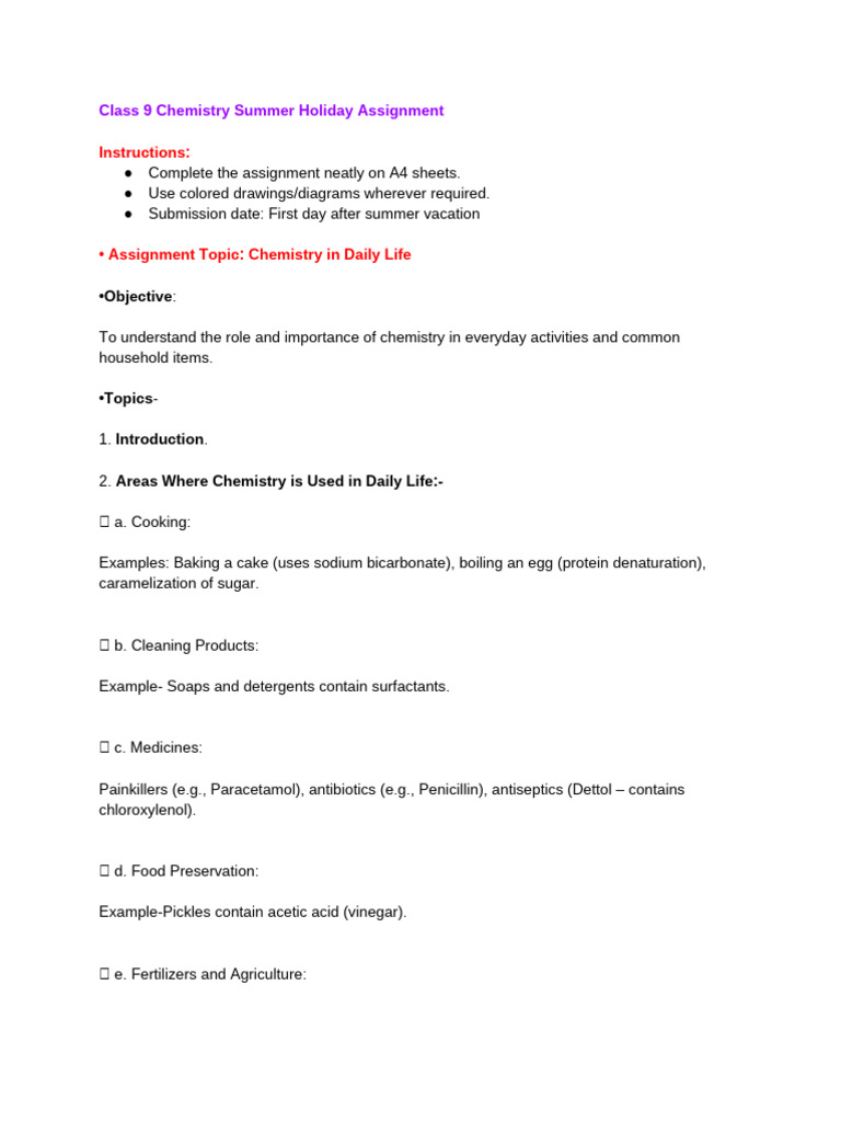 Class 9 Chemistry Summer Holiday Assignment | PDF
