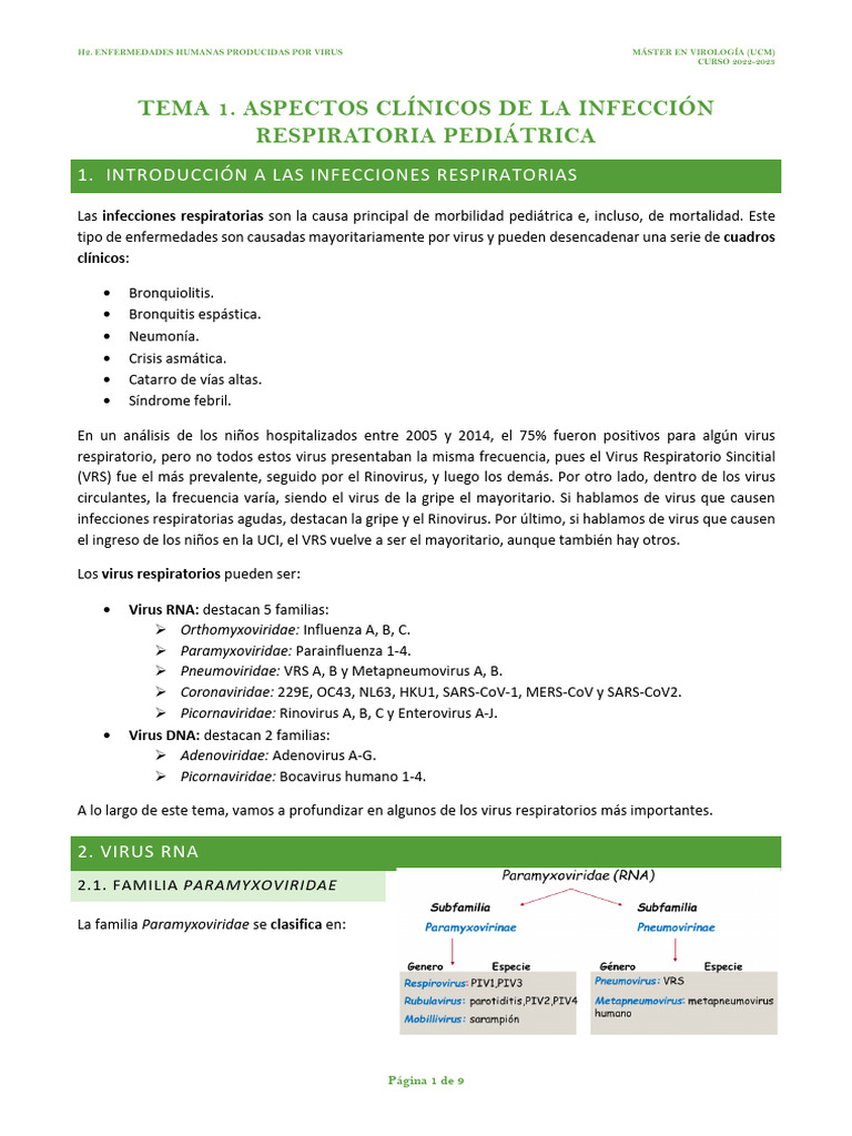 Tema 1. Aspectos Clínicos de La Infección Respiratoria Pediátrica | PDF | Virología | Virus