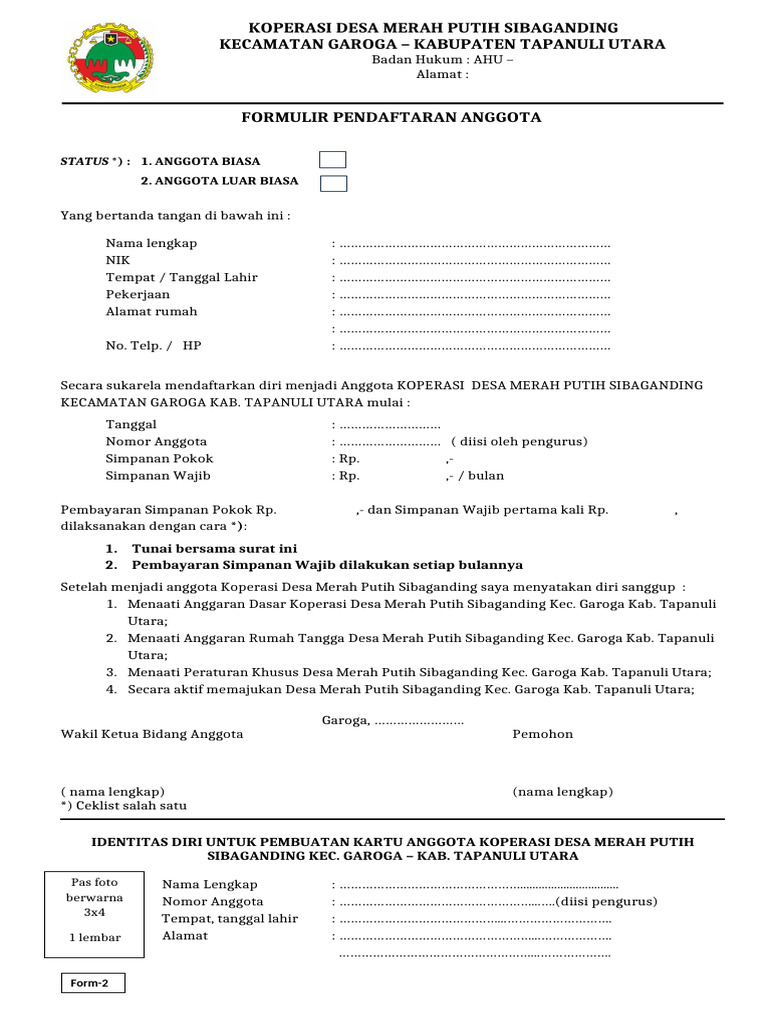 Formulir-pendaftaran-Anggota Koperasi Merah Putih | PDF