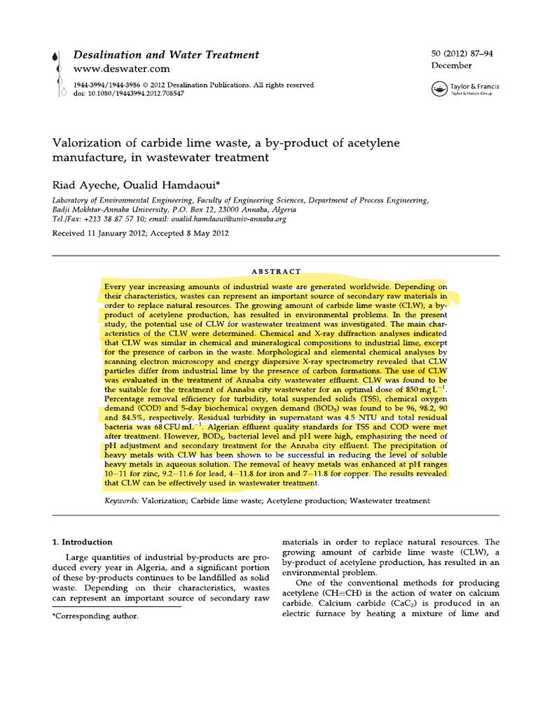 2.4 Ayeche, R., & Hamdaoui, O. (2012) - Valorization of Carbide Lime ...