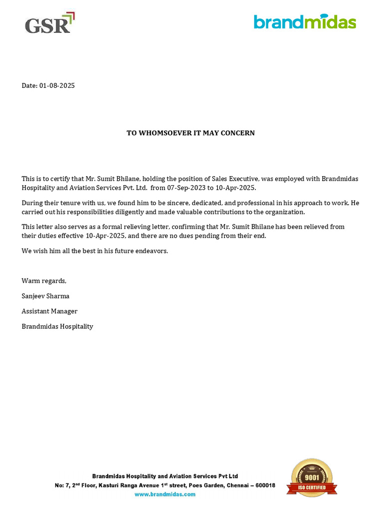 Reliving Cum Experience Letter | PDF