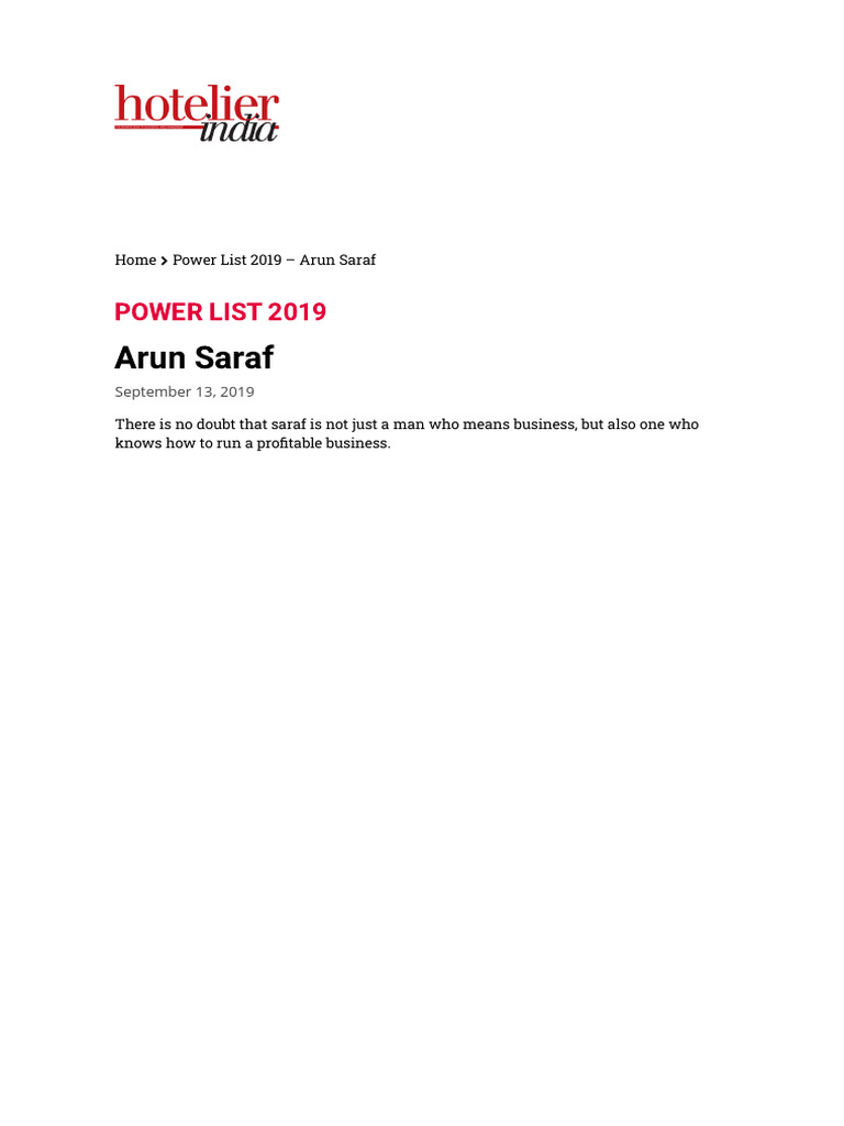 Power List 2019 - Arun Saraf - Hotelier India | PDF | Franchising | Hotel