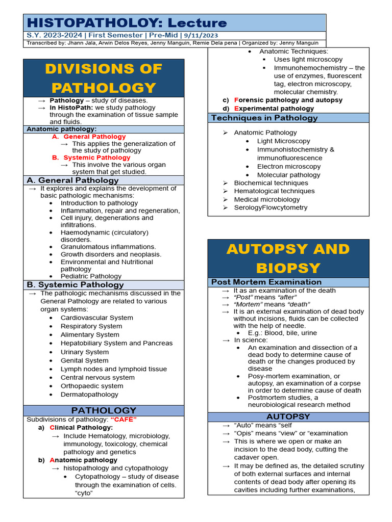M - HISTOPATHOLOGY - Divisions of Pathology (1) & Autopsy and Biopsy ...