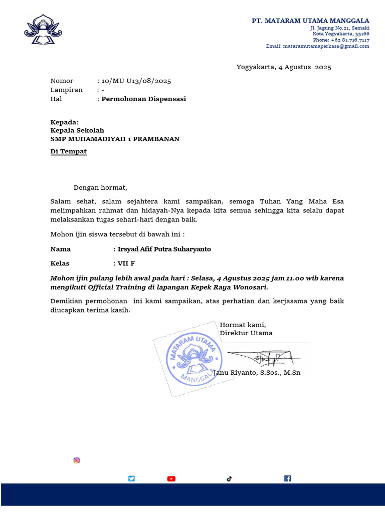 Surat Ijin Mu Official Training Afif | PDF