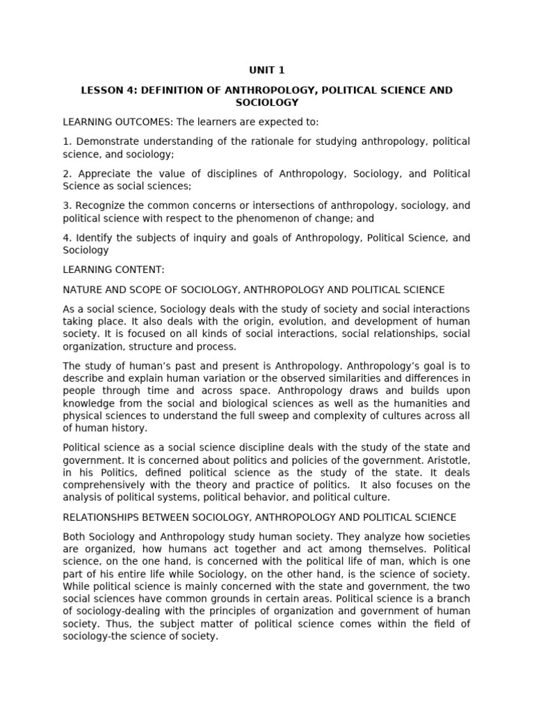 D. Ucsp Unit 1, Lesson 4 - Definition of Anthropology, Political ...