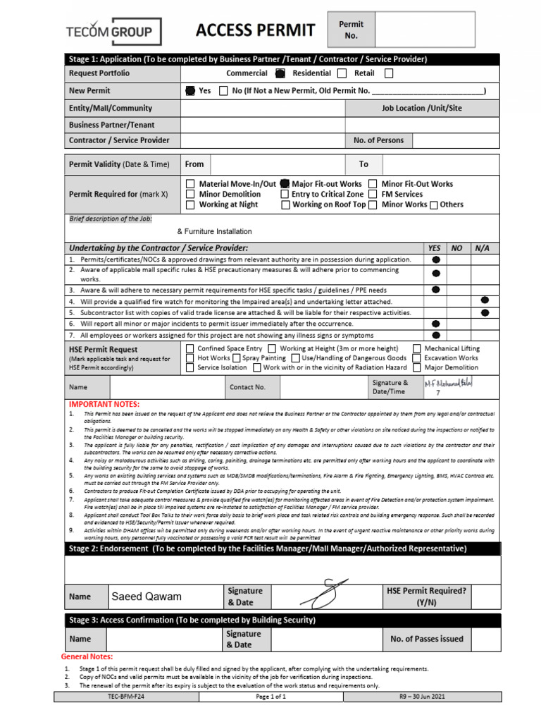Access Permit Application Process | PDF | Occupational Safety And ...