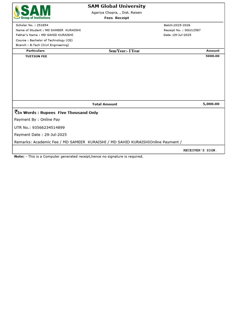 MD Sameer Receipt | PDF