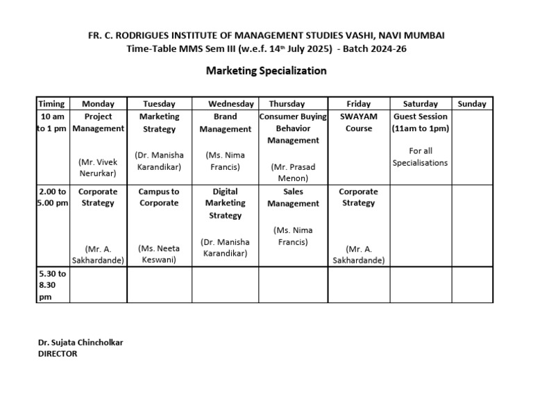 Sem 3 Time Table 2025 - Marketing SP | PDF