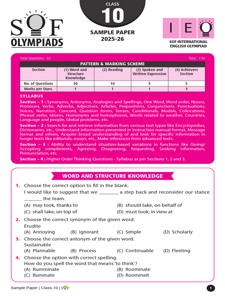 IEO 2025 Class 10 Sample Paper | PDF | Verb | English Language