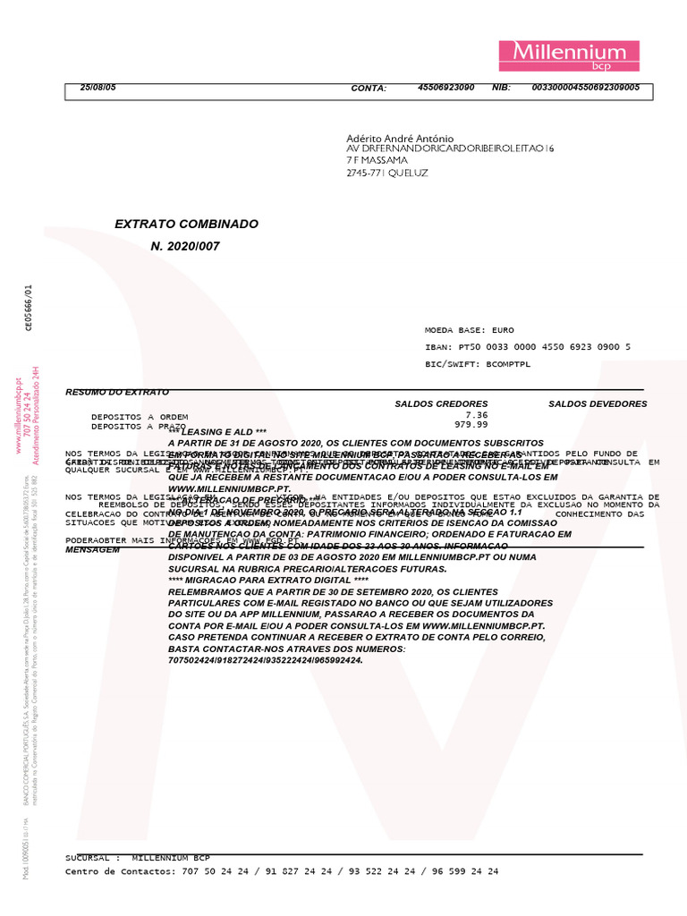 Extrato Bancário Millennium BCP | PDF | Bancos | Finanças pessoais