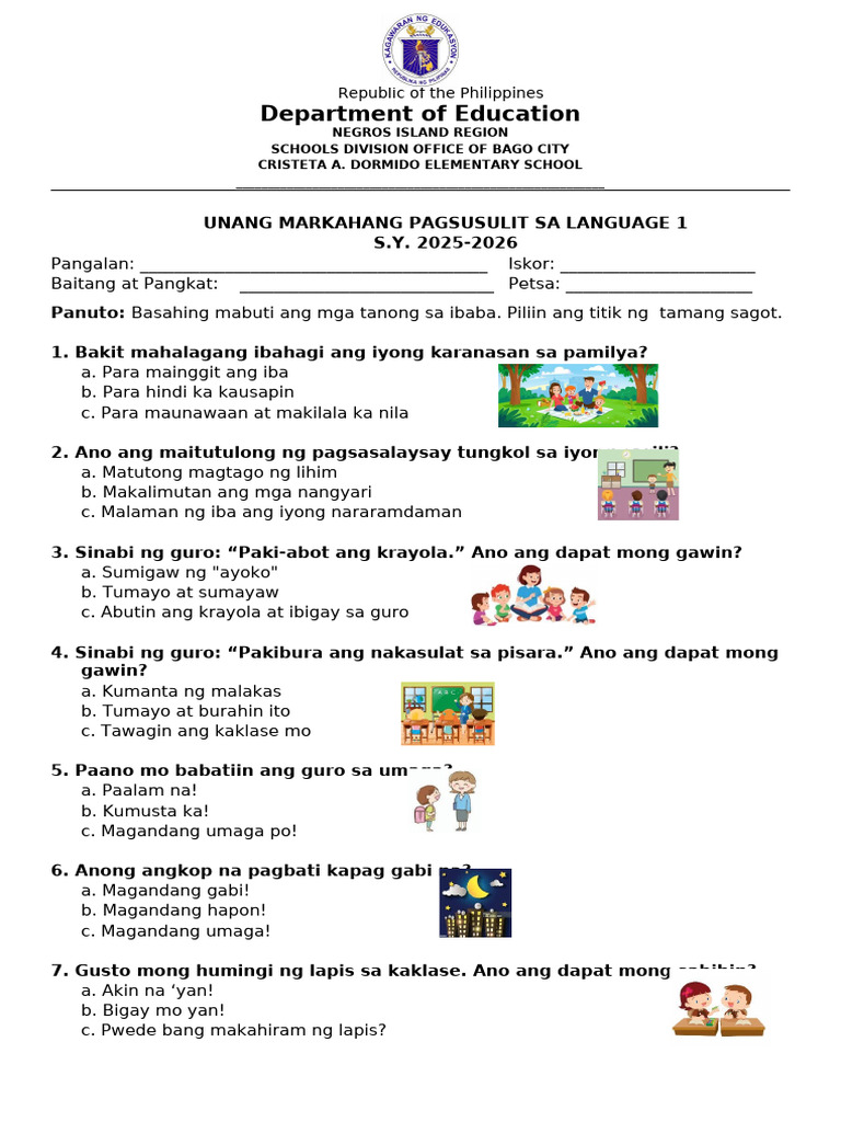 1st PERIODICAL TEST Language 1 (Tagalog Version) | PDF