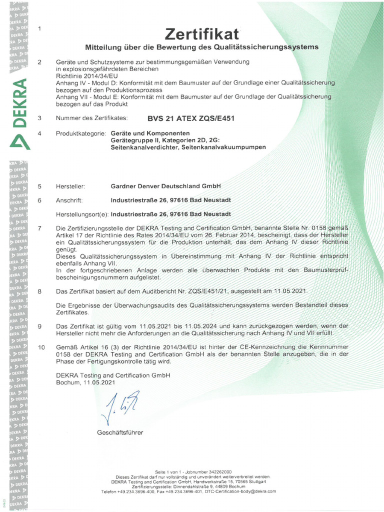 Zertifikat - Bvs 21 Atex Zqs - E451 | PDF
