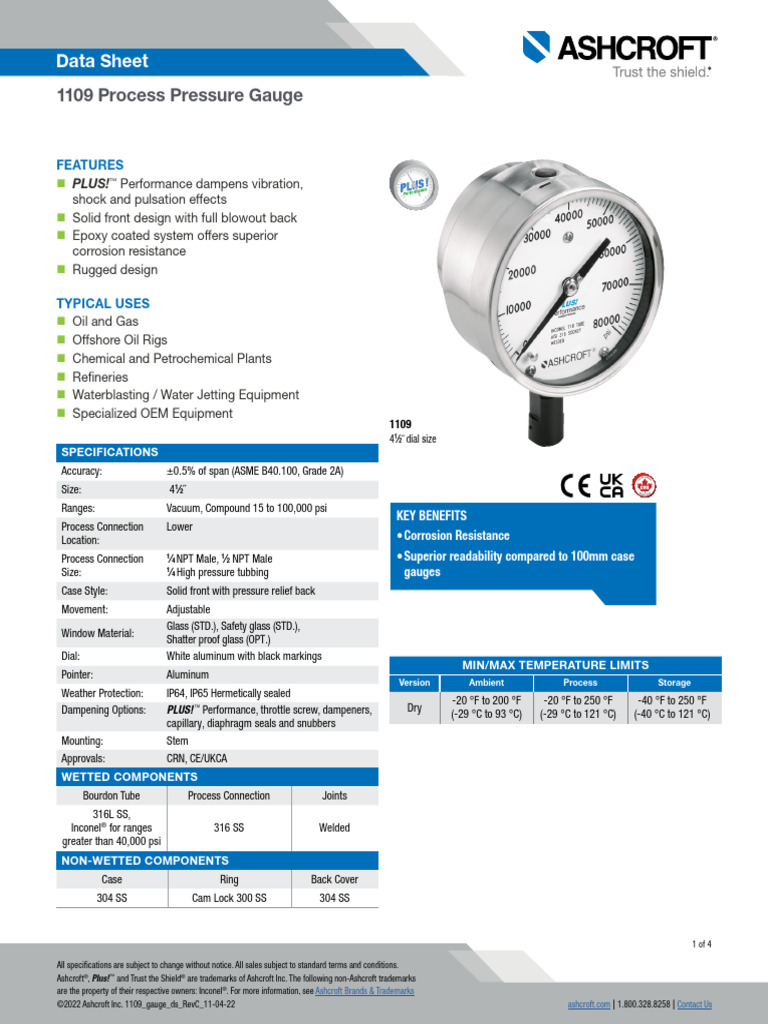 datasheet-1109-pressure-gauge | PDF | Pressure Measurement | Pascal (Unit)