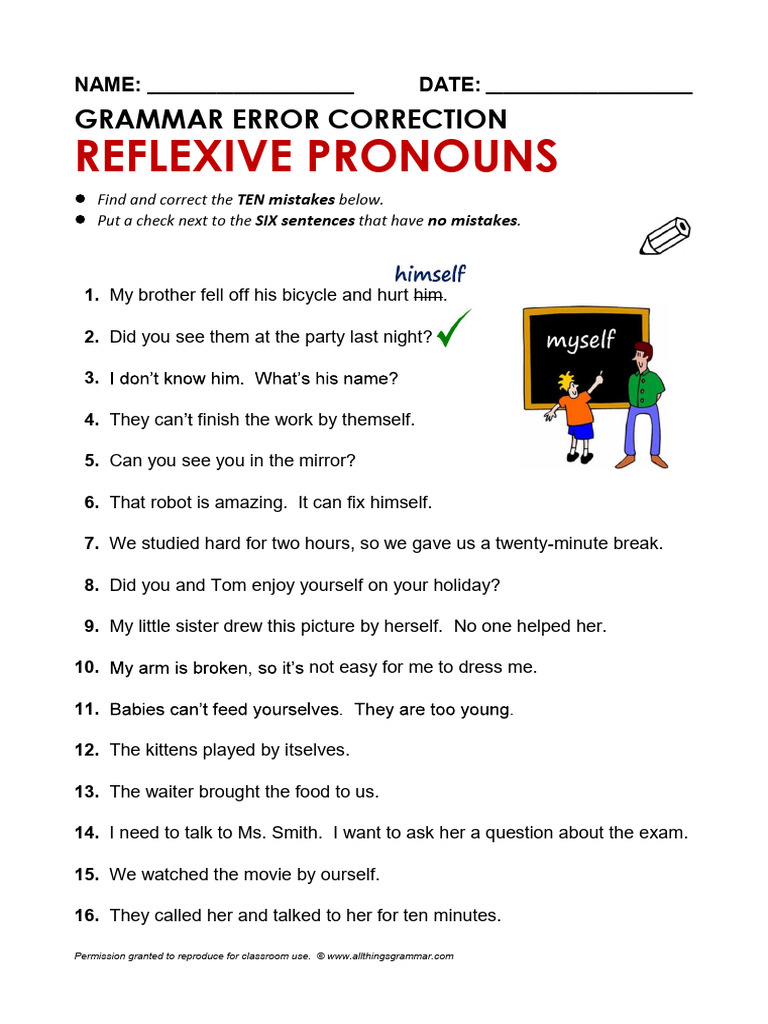 Reflexive Pronoun Error Correction Worksheet | PDF