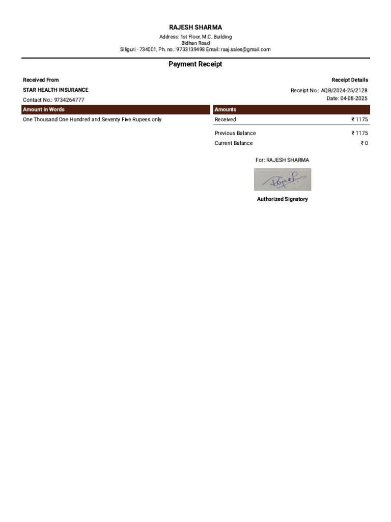 Payment Receipt for Star Health Insurance | PDF