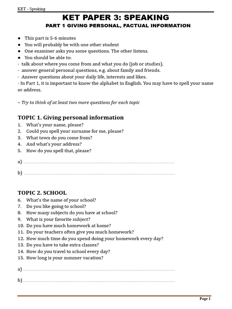 Speaking Topic KET | PDF | Meal