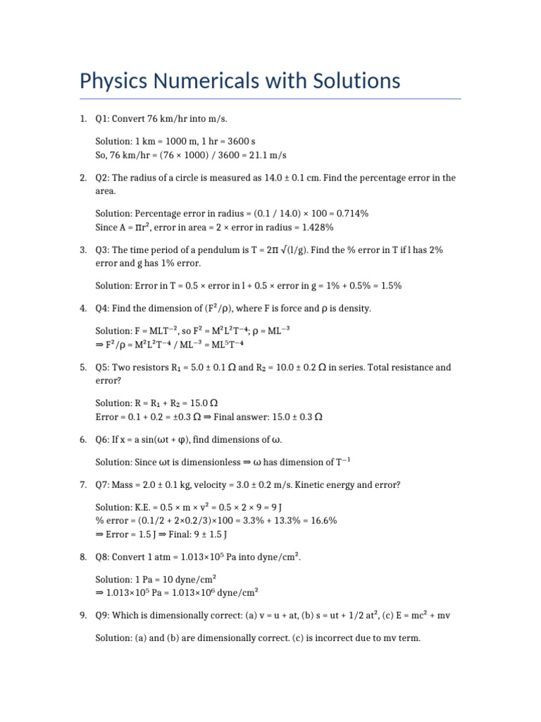 Physics Numericals Solutions | PDF | Motion (Physics) | Physics