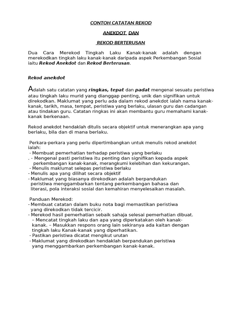 Panduan Rekod Anekdot Prasekolah | PDF