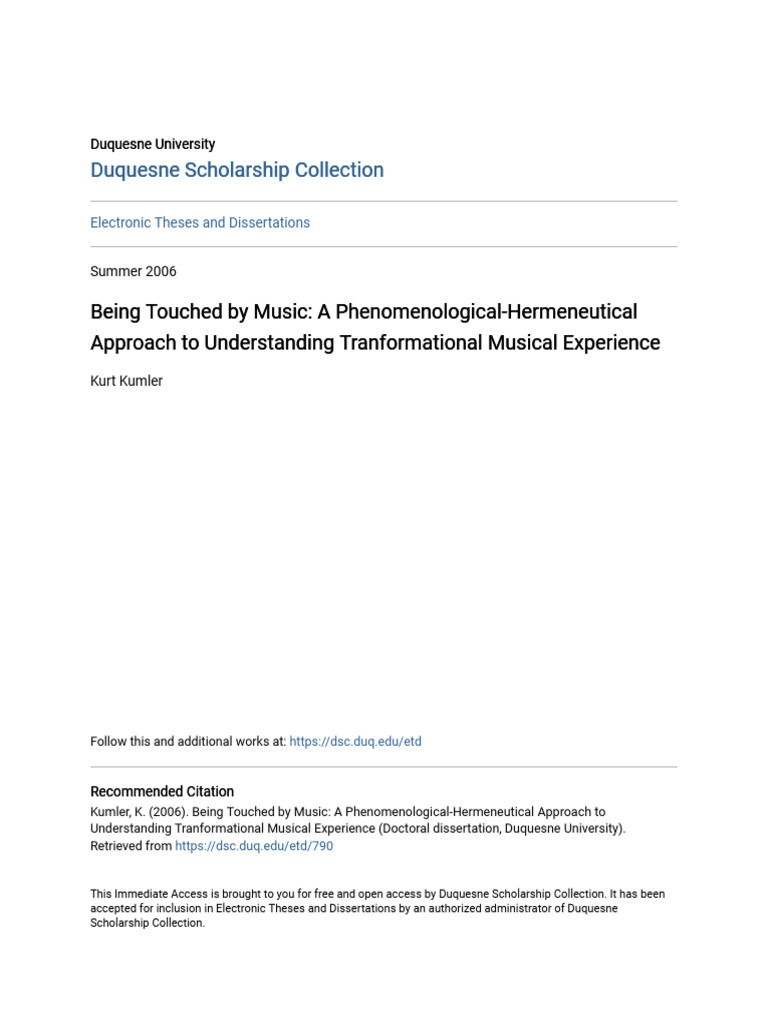 Being Touched by Music - A Phenomenological-Hermeneutical Approach | PDF | Psychotherapy ...
