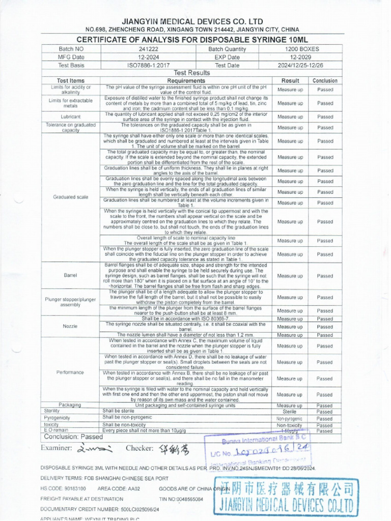 Certificate of Analysis For Disposable Syringe | PDF