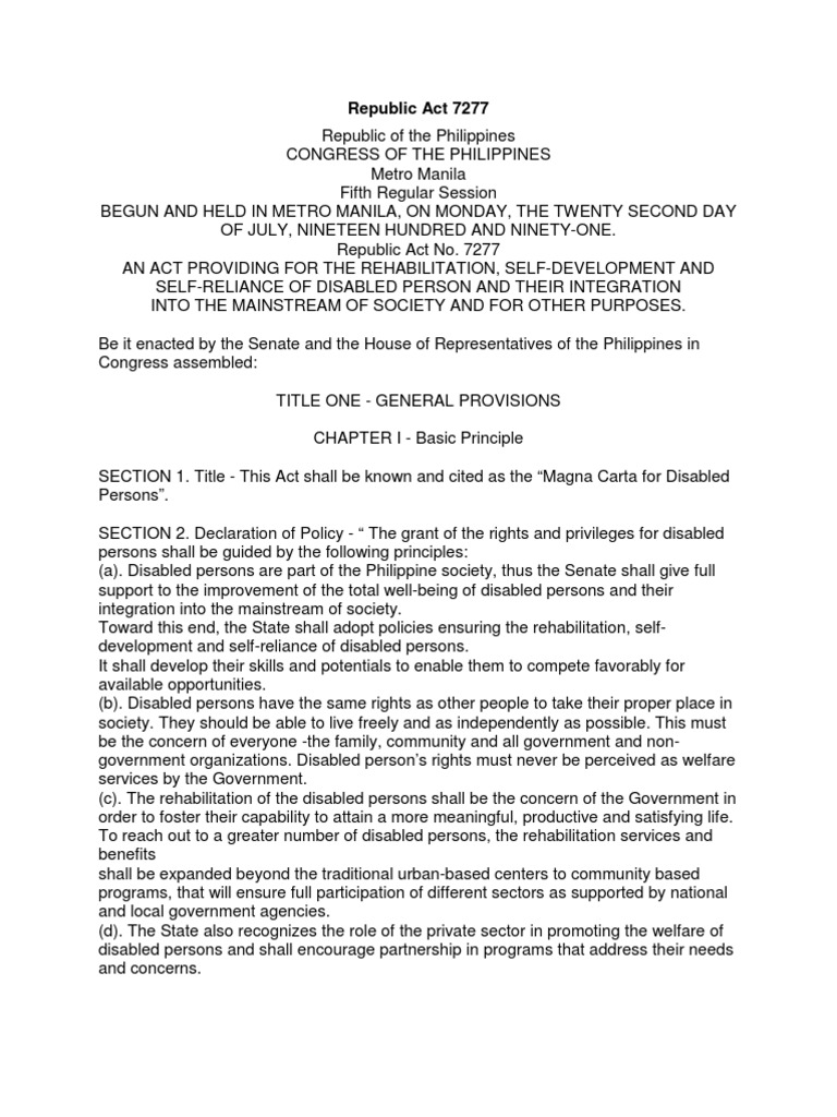 RA 7277, 1992 - Magna Carta for Disabled Persons | Disability | Employment