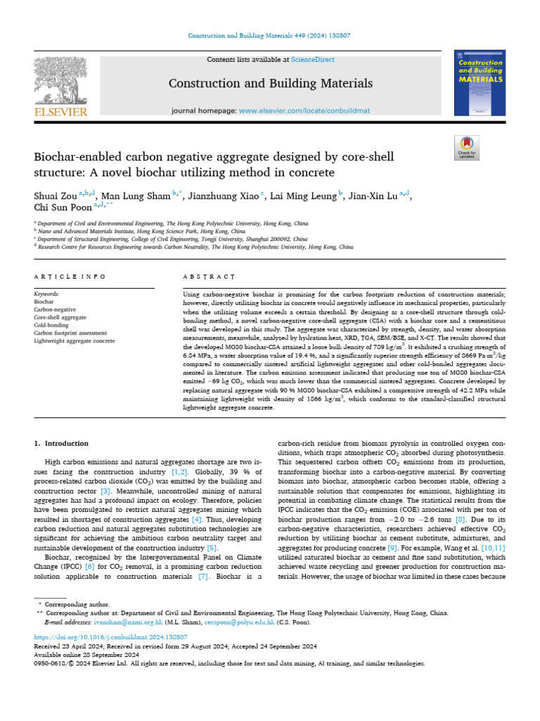 Biochar-Enabled Carbon Negative Aggregate Designed by Core-Shell ...