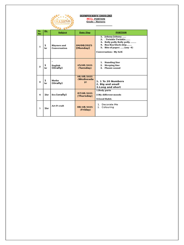 Olympus Kid's Nursery Curriculum 2025 | PDF