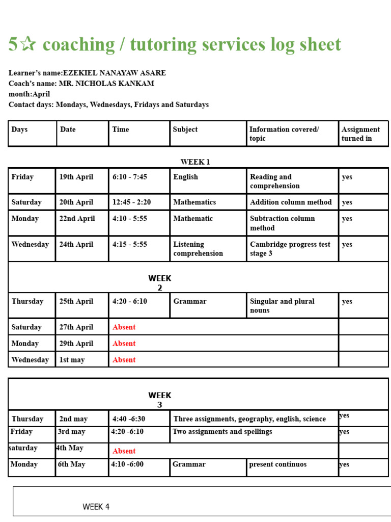 5 Coaching - Tutoring Services Log Sheet | PDF