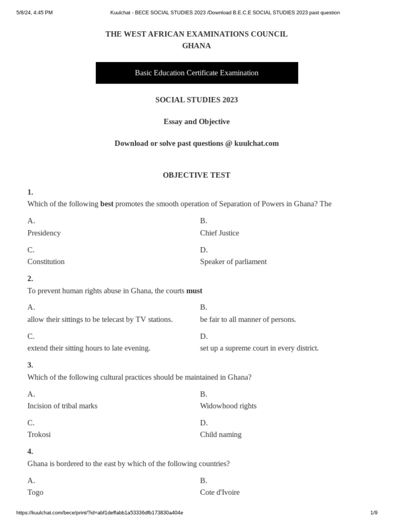 BECE 2023 Social Studies Past Questions | PDF | Ghana