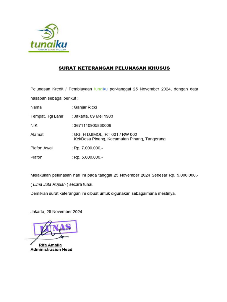 Surat Keterangan Lunas Tunaiku | PDF
