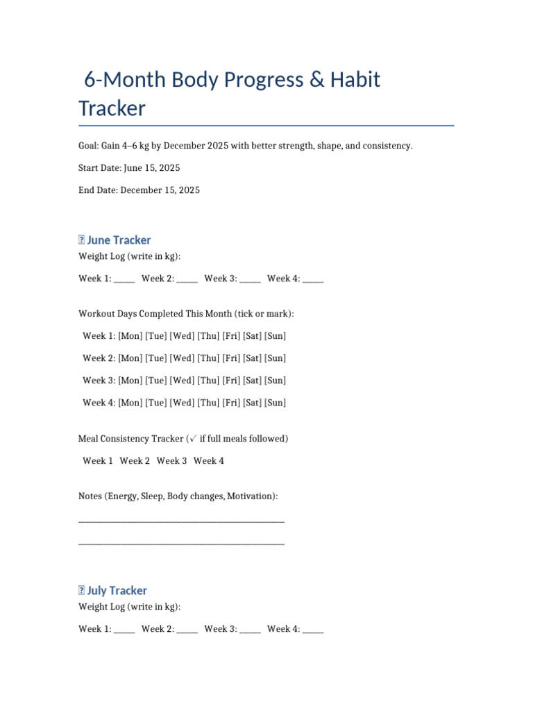 6-Month Body Progress Tracker | PDF | Determinants Of Health