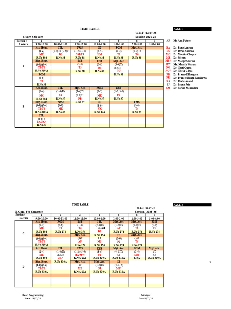 B.Com 5th Semester Time Table 2025 | PDF