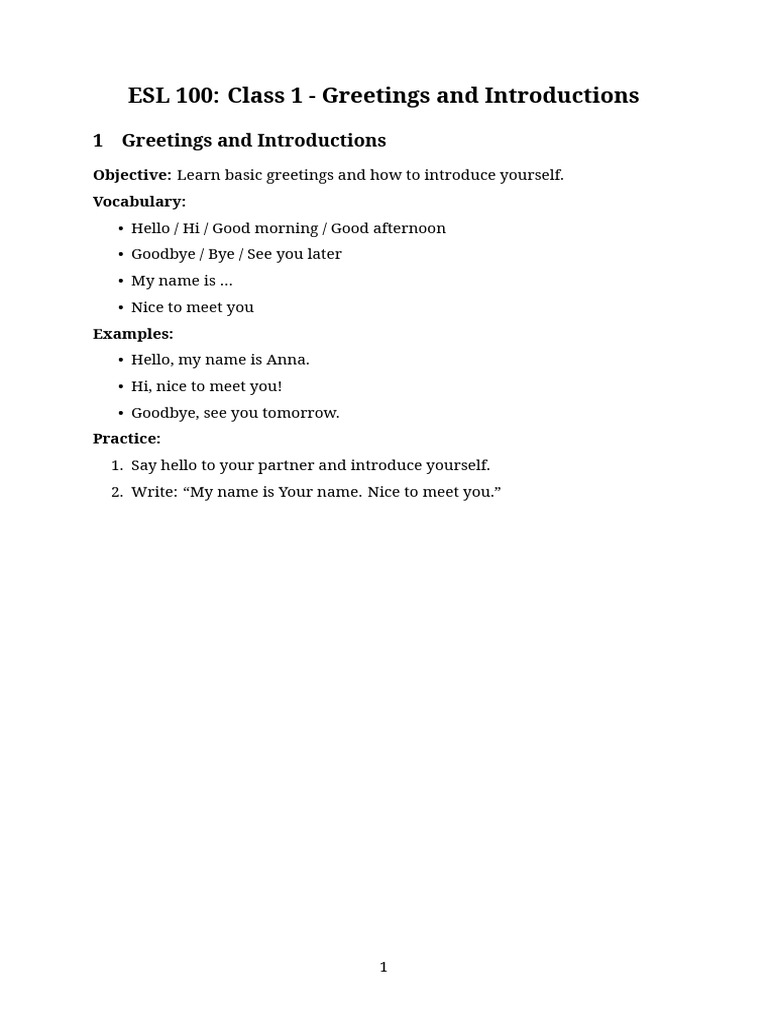 ESL 100: Class 1 - Greetings and Introductions | PDF