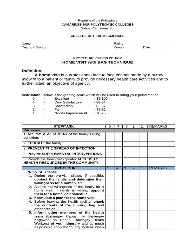 HOME VISIT With BAG TECHNIQUE PROCEDURE CHECKLIST | PDF | Hand Washing ...
