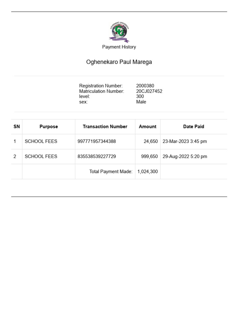Print Receipt Covenant University Fees Karo | PDF